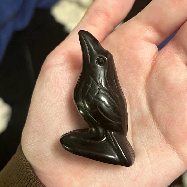 Natural Obsidian Crow Figurine Hand Carved Miniature Stone Animal ...