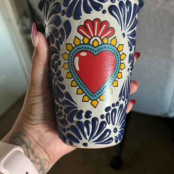 Original Mexican Talavera Heart Butterfly Cup W Lid Coffee Chocolate ...