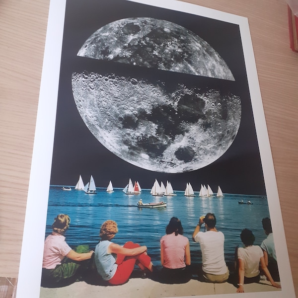 Surreal Collage - 8x11, Handmade Collage, Space, Full Moon, Retro, Sci ...