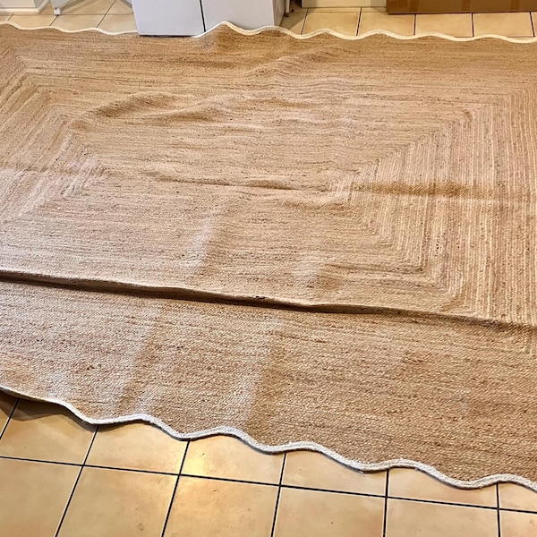 Scallop Jute Rug, Natural Jute Wavy Edge Rug, Scalloped Border Rug ...