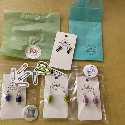 Handmade Tiny Spool of Thread, Sewing Theme Wood Dangle Earrings ...