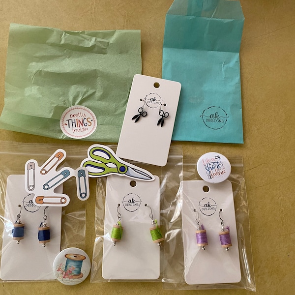 Handmade Tiny Spool of Thread, Sewing Theme Wood Dangle Earrings ...