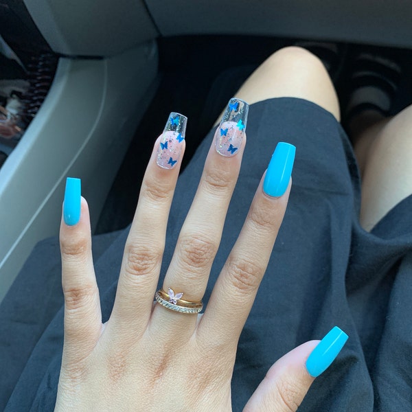 Blue Butterfly Nails | Blue Butterfly Press on Nails | Coffin Nails ...