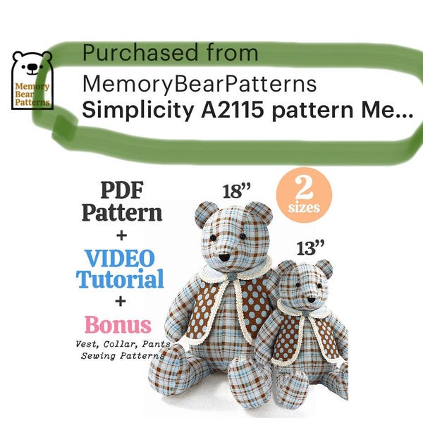 Simplicity A2115 Pattern Memory Bear Pattern Plush Sewing Pattern Memorial Bear Teddy Bear ...