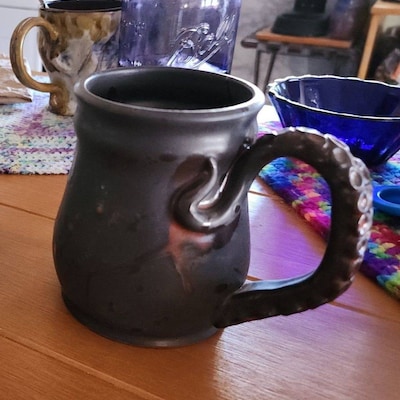 Tentacle Mug in Charcoal Black Glaze With Red Mottled Spots, Made to ...