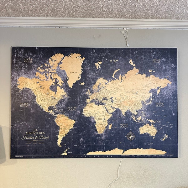 Gold & Navy Textured World Push Pin Map on Premium Canvas With ...