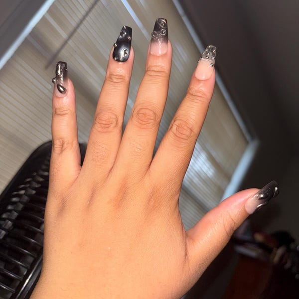 3D Metallic Silver on Black Long Stiletto Press on Nails Goth , Silver ...
