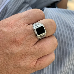 Rectangle Onyx Men Ring, Black Onyx Silver Ring, Wedding Engagement Men ...