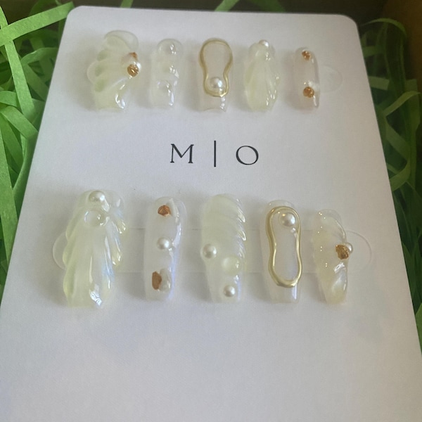 3D Y2K Aurora Mermaid Press on Nails, Aura Seashell With Pearl Reusable ...