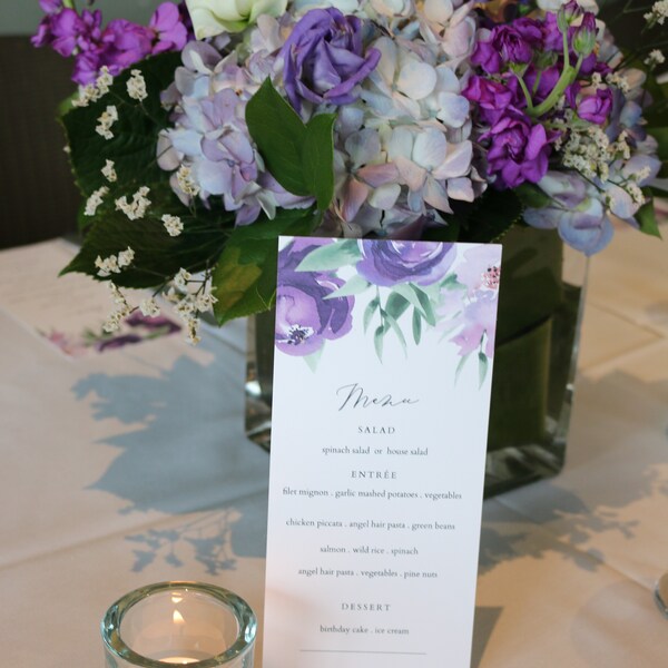 LILAH Purple Floral Wedding Menu Template, Purple Wedding Menu Cards ...