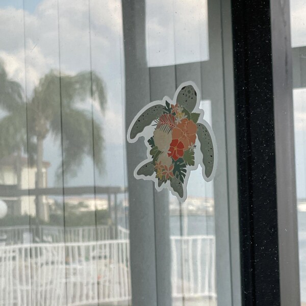 Sea Turtle With Flowers Clear Vinyl Sticker || Ocean Stickers Surf ...