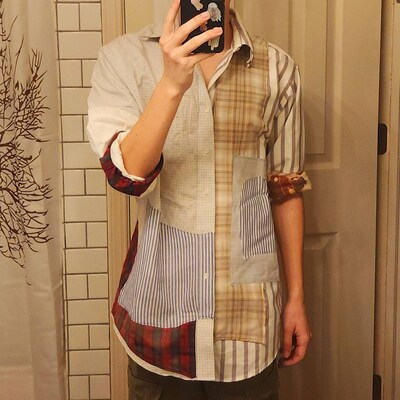 Upcycled Patchwork Striped Button Down Shirt Plaid Shirt Flannel Shirt ...