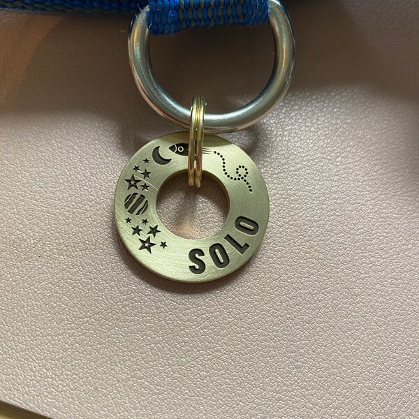 Star & Rocket Design Stainless Steel or Brass Personalised Round Dog ...