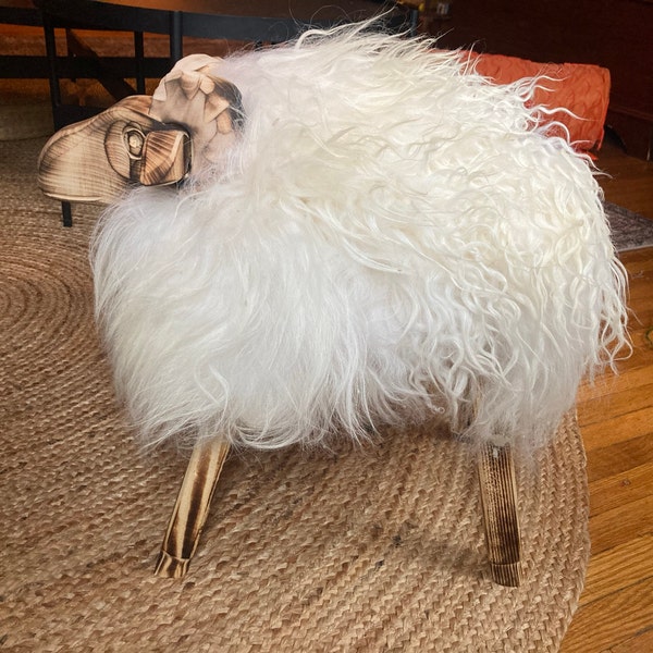 Small Footstool Black Real Sheepskin, Leather Ottoman Footrest ...