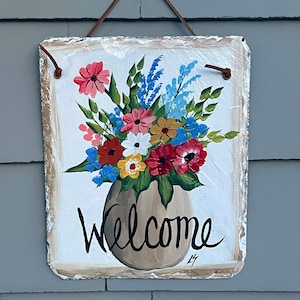 Painted Slate Welcome Sign, Basket of Daisies Slate Welcome Sign, Door ...
