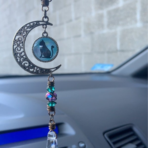 Cat Car Charm, Boho Moon Decor, Moon Suncatcher, Crystal Car Charm, Cat ...