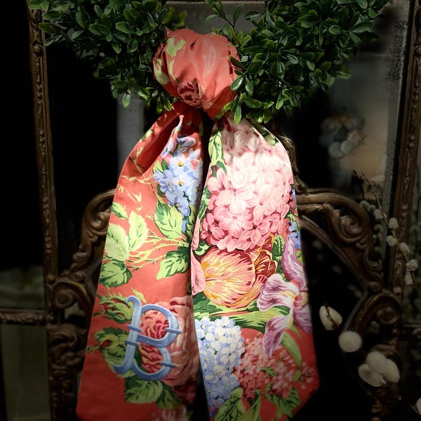 Monogram Floral Chinoiserie Wreath Sash for Front Door, Personalized ...
