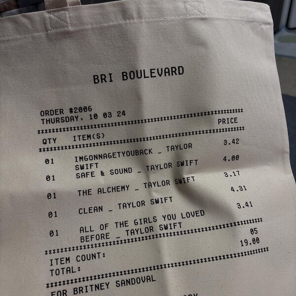 Custom Song Receipt Tote, Customizable Song Playlist Tote Bag, Custom ...