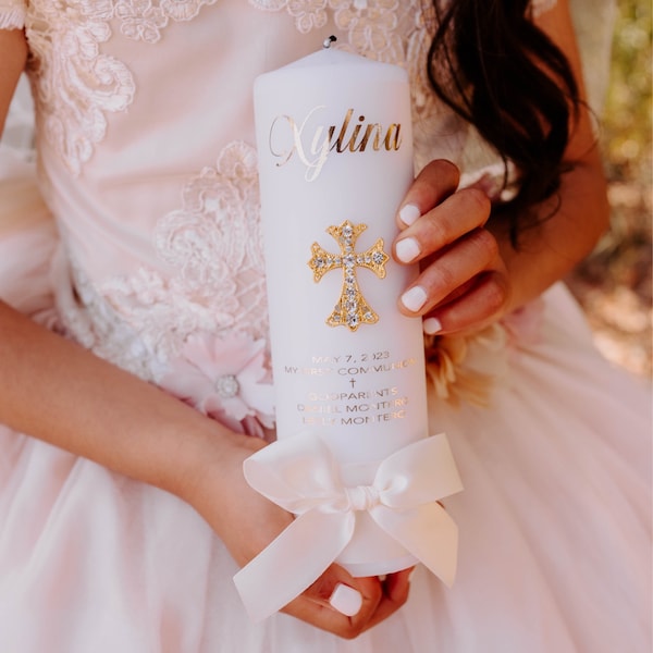 First Communion/baptism Candle With Custom Metallic Writing and Crystal ...