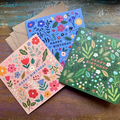 Folk Flowers and Leaves Birthday Card Bundle Birthday Card Set Pack of ...