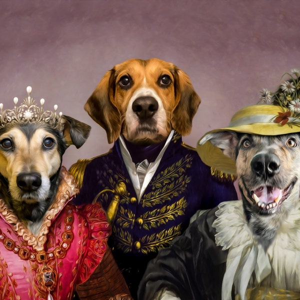 Custom 3 Pets Portrait, Royal Dog Portrait, Custom Painted Multiple ...