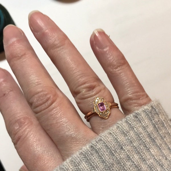 18K Solid Gold Side-way Cushion Cut Sapphire and Diamond Art Deco Ring ...