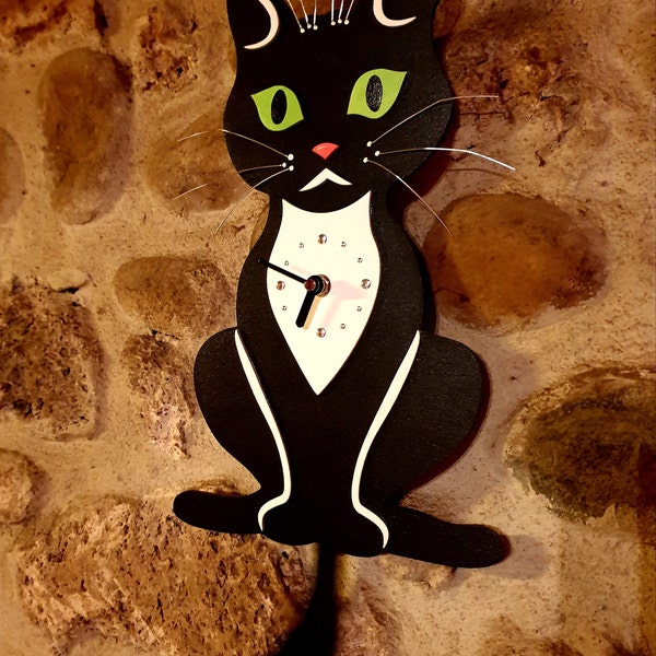 Pendulum Clock COSMO, Tail Moves Back and Forth, Wall Clock, Cat, Cat ...