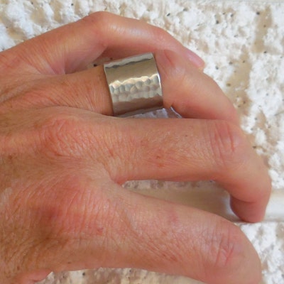 Wide Band Ring Waterproof Jewelry Silver Tube Ring Adjustable Hammered ...