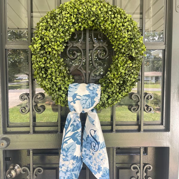 Monogram Floral Chinoiserie Wreath Sash for Front Door, Personalized ...