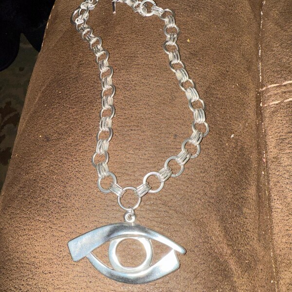 Silver Large Evil Eye Protection Necklace, Antique Silver Chunky Chain ...