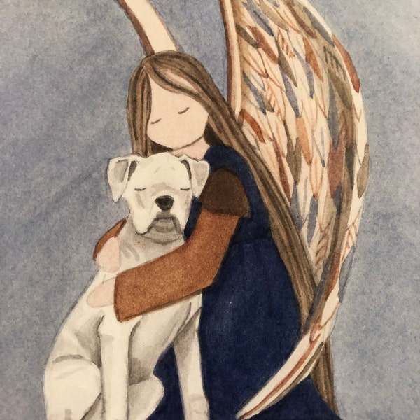 White Boxer Cradled by Angel / Lynch Signed Folk Art Print Pet Loss ...