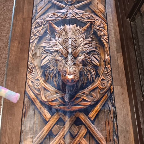 Wolf Area Runner Rug, Norse God Runner, 3D Look Wolf Long Rug, Wood ...