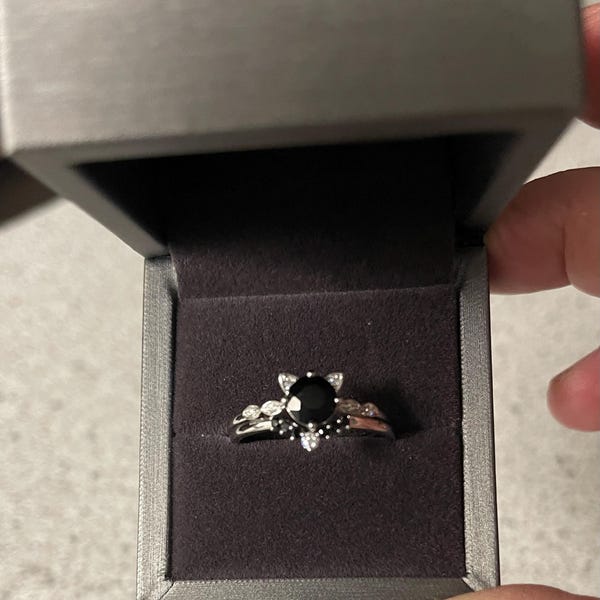 Cat Themed Engagement Ring Round Natural Black Onyx Wedding Ring Set ...