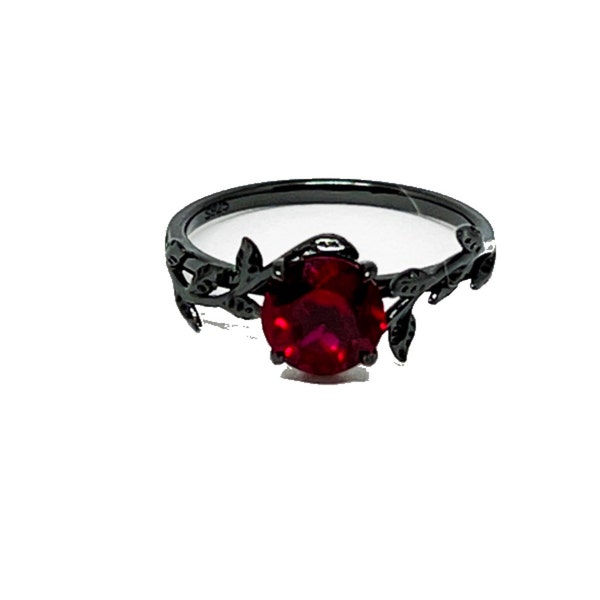 Black Gold Finish Round Ruby Engagement Ring, Rhodium Black Hip Hop Leaf Nature Inspired Ruby ...