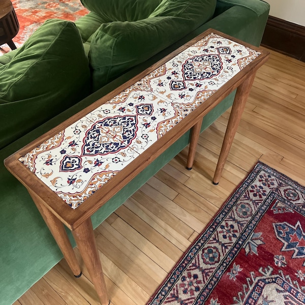 Tile Embedded in Wood Table, Entrance Table, Ottoman Tile Table ...