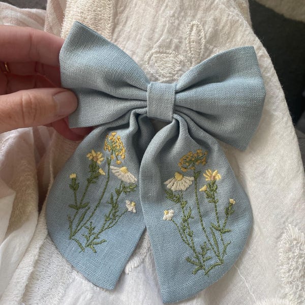 Blue Bow With the Daisy Embroidery, Handmade Bow, Embroidered Hair Bow ...