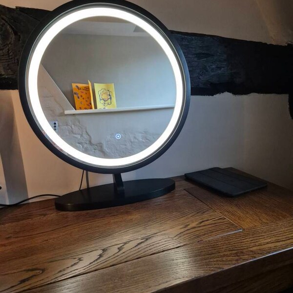 LED Mirror With Shelf, Round Mirror, Wood Mirror Wall Decor, Circle ...