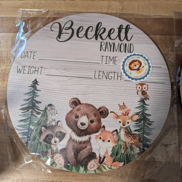Woodland Birth Stat Sign, Round Wood Birth Stat Sign, Woodland Animal ...