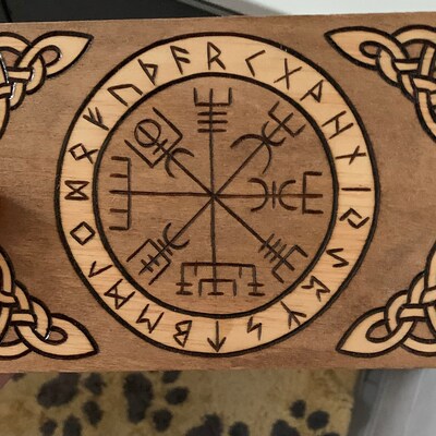 Wooden Box Engraved With Viking Motifs: Vegvisir, Interlacing, Dragons ...