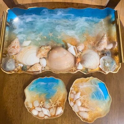 Resin Ocean Coaters 16 Dollars per Coaster with Seashell Embelishments . - Etsy