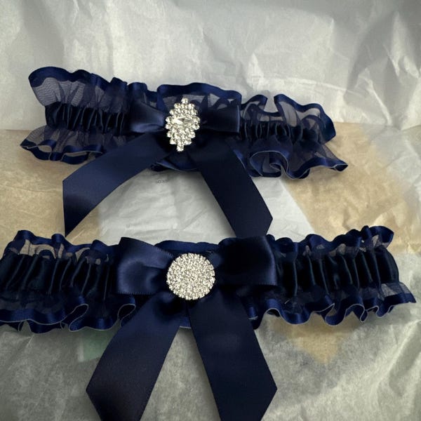 NAVY BLUE Wedding Garters With Big Beautiful RHINESTONE or Prom Garter ...