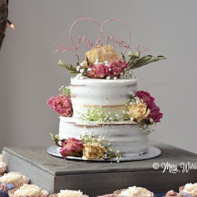 Rustic Cake Topper Wire Cake Topper Heart Mr and Mrs Cake Topper Copper ...