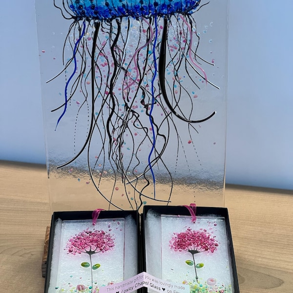 Whimsical Blue Flowers Fused Glass Art Picture Sun Catcher & Wooden ...