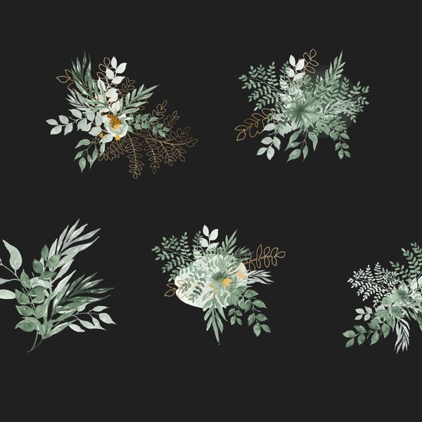 Watercolor Greenery Clipart, Sage Green Bouquet Png, Gold and Green ...