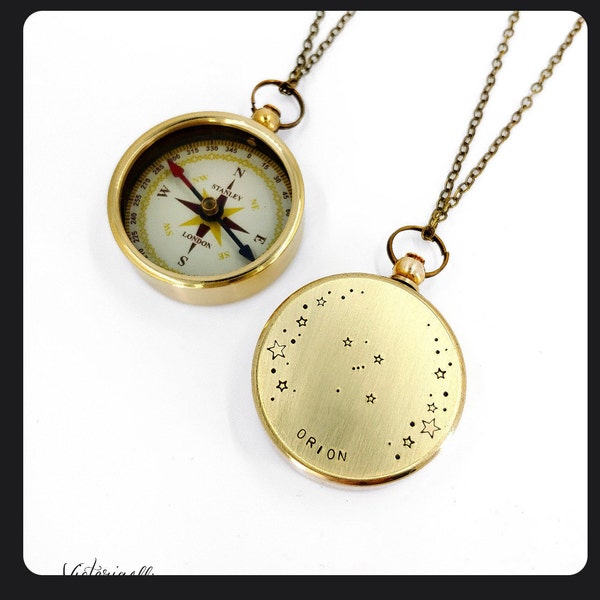 Small Working Compass Necklace With Personalized Constellation, Zodiac ...