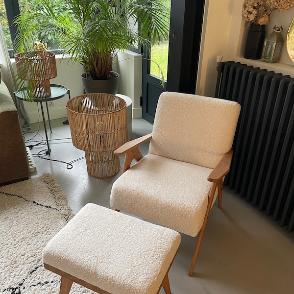 Mid-century Modern Armchair in Beige Linen, Handmade Vintage-style ...