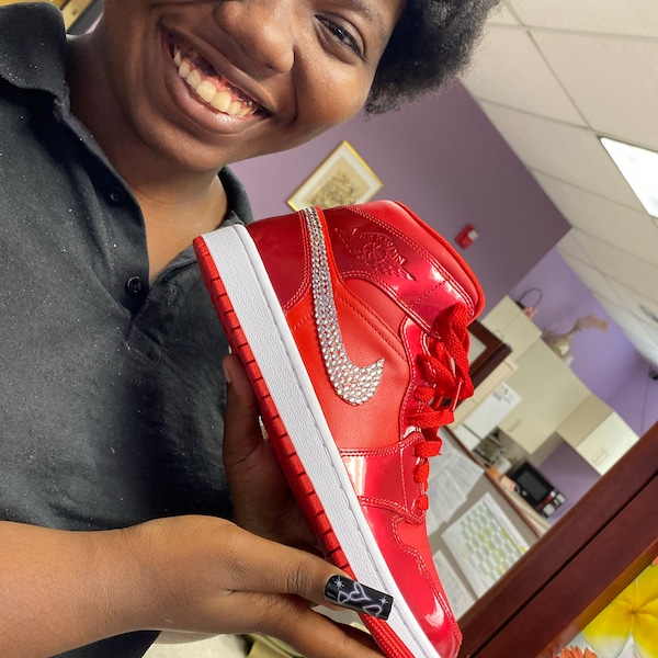 Swarovski Women's Air Jordan 1 Mid All Red Sneakers Blinged Out With ...