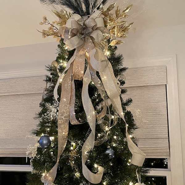 XL Elegant Christmas Tree Topper Bow: Beige, Gold, and Silver Linen - Etsy