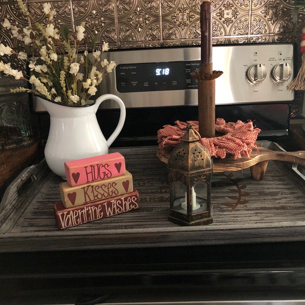 Hand Painted Distressed Hugs Kisses Valentine Wishes Tiered Tray Shelf ...