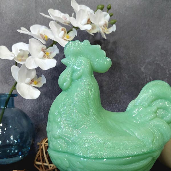 Jadeite Depression Style Glass Rooster Chicken Covered Candy Dish With ...